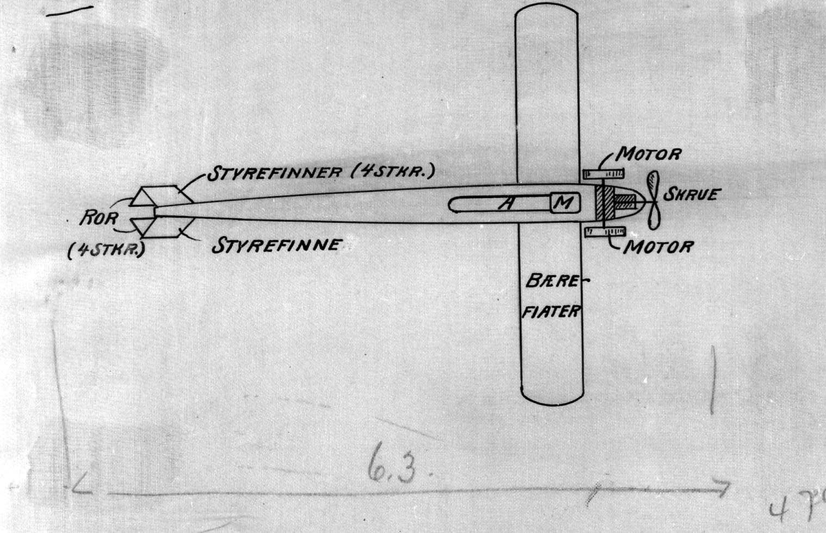 Skisse - tegning av ett fly. - Norsk Luftfartsmuseum / DigitaltMuseum