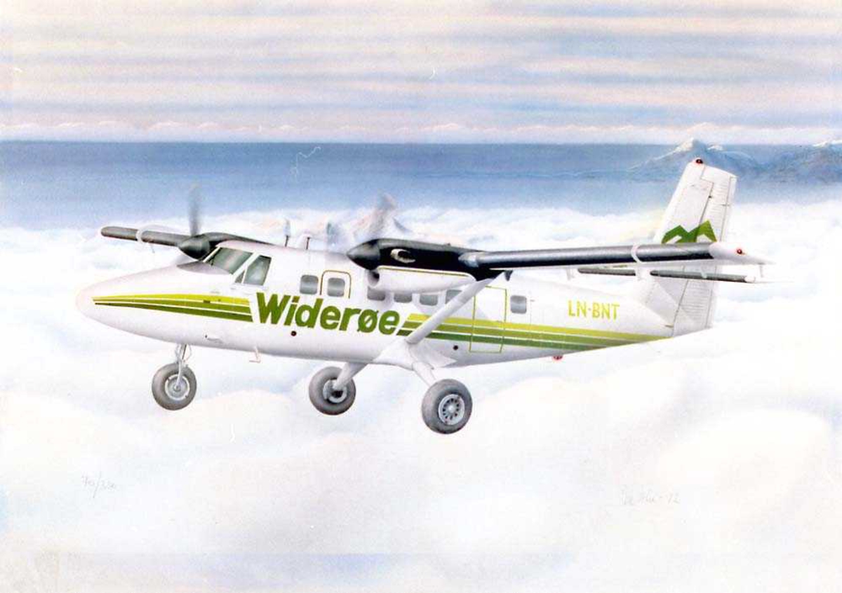 Tegning av et fly i luften. DHC-6 Twin Otter fra Widerøe. - Norsk ...
