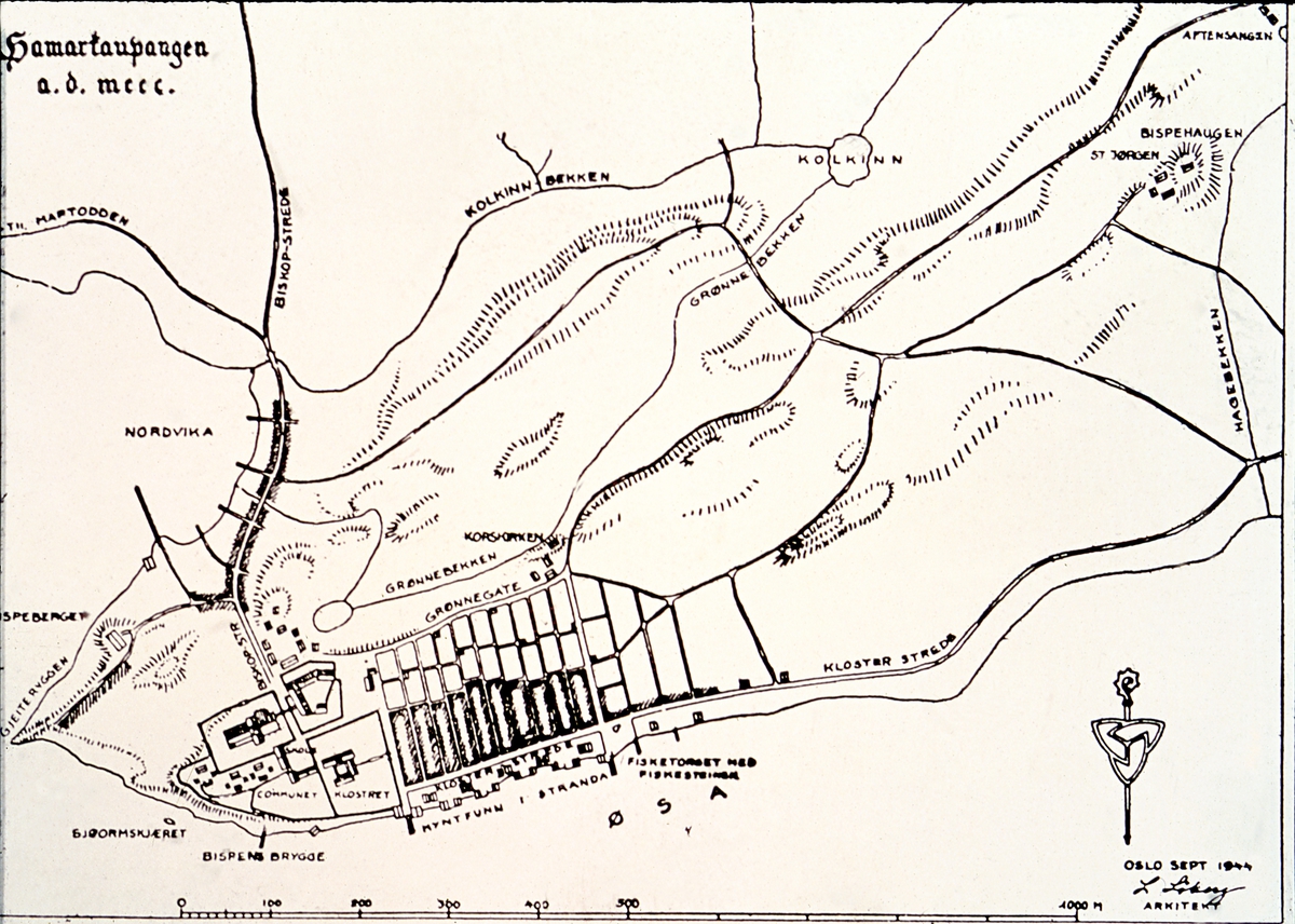 Hedmarksmuseet, Hamar.Kart, rekonstruksjon av Hamarkaupangen, arkitekt ...