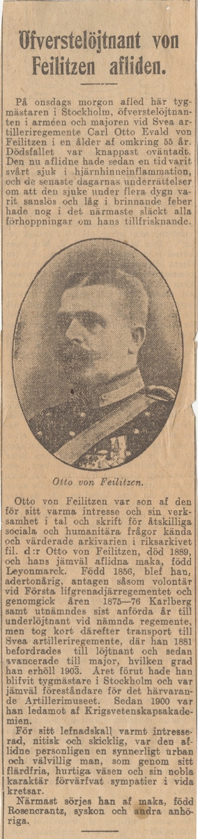 Porträtt av Otto von Feilitzen, major vid Svea artilleriregemente A 1 ...