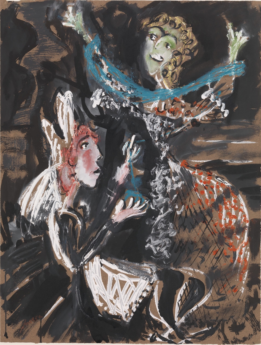 Lydia Opøien som Toinette og Bjørg Svendsen som Angélique [Tegning ...