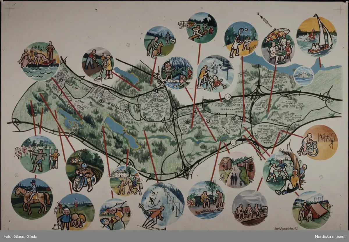 Tecknad karta över Järva fritidsområde. - Nordiska museet / DigitaltMuseum