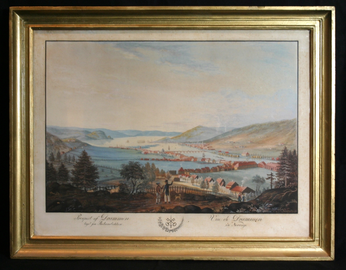 Drammen sett fra Rebbansbakken [Tegning] - Drammens Museum / DigitaltMuseum