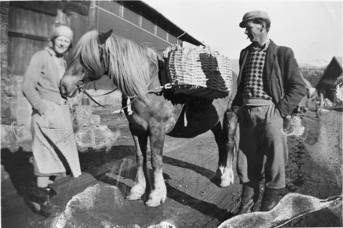 Olaf Thorkildsen og Else Lund med en hest, i tunet på Nedre Kopseng ca ...