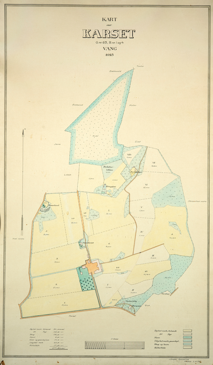 Gårdskart fra 1923, gards kart over gården Karset i Vang, Hedmark. G.nr ...
