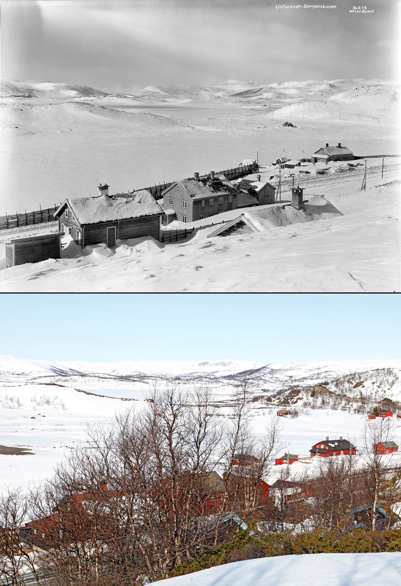 Refotografering. Ustaoset jernbanestasjon ligger i åpent landskap i ...