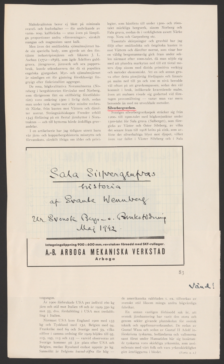 Sala gruva och silververk. - Tekniska museet / DigitaltMuseum