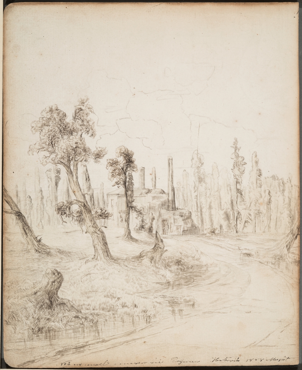 Landsby med popler og mennesker på en vei [Tegning] - KODE kunstmuseer ...