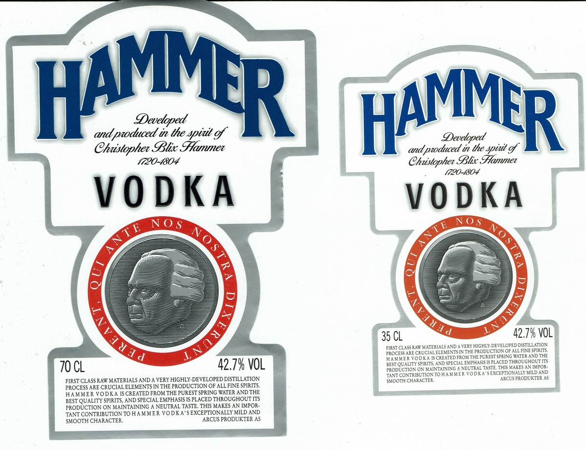 Hammer Vodka. 42.7 % vol. Arcus Produkter AS. - Atlungstad brenneri ...