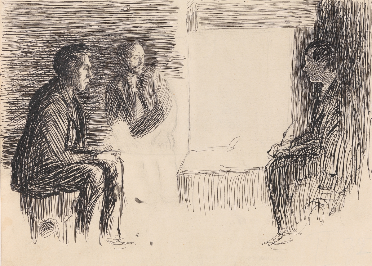 Jehans Sundin, Kristen Holbø og Halfdan Egedius i samtale [Tegning ...