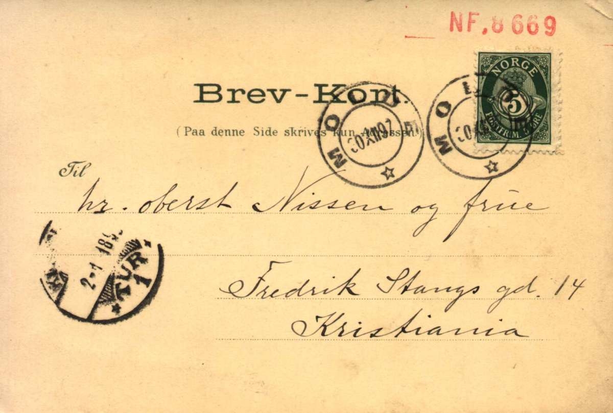 Postkort. Nyttårshilsen. Kolorert tegning av kirke og tettsted i med ...