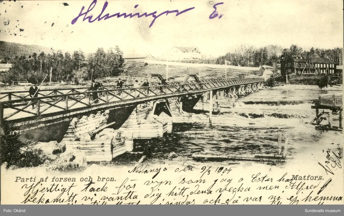 Vykort med motiv av forsen och bron över Ljungan i Matfors ...