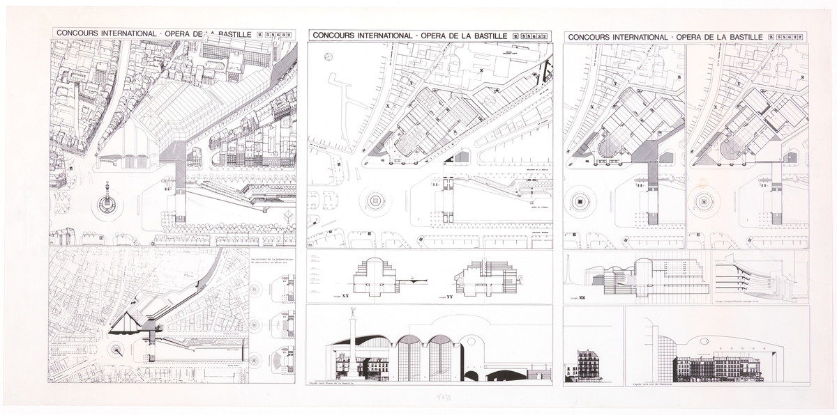 Bastille-operaen. Fasade, fugleperspektiv, plan, situasjonsplan og ...