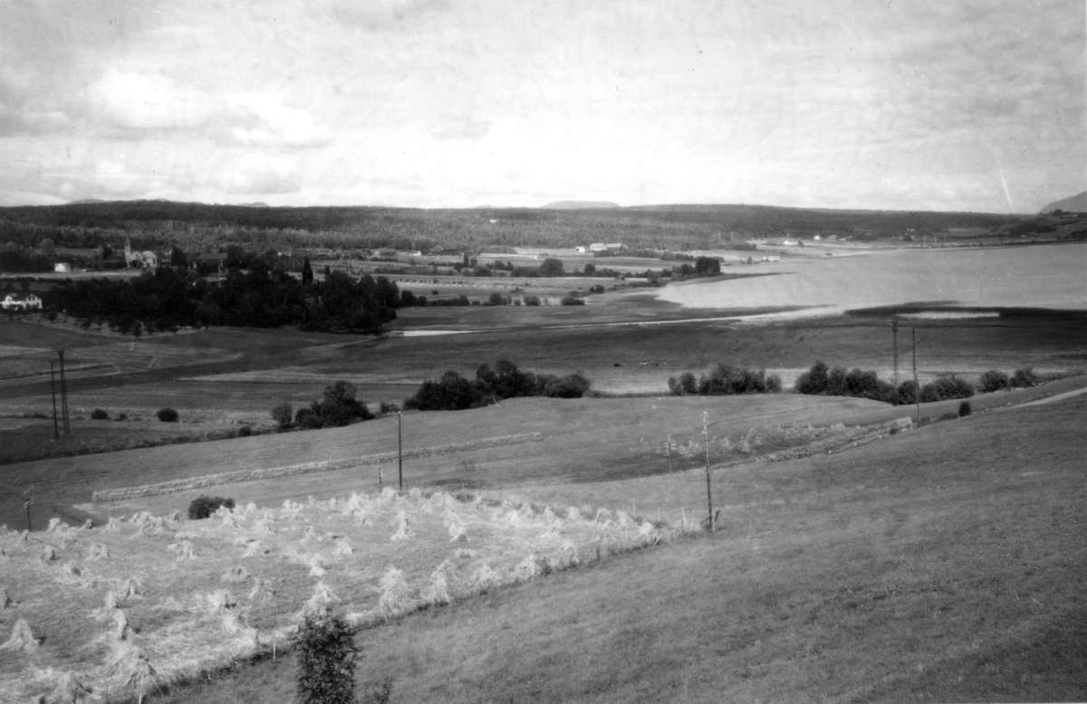 Fiskum med Fiskumvannet. 1930. Oversiktsbilde. Gårder. Jorder og åkrer ...