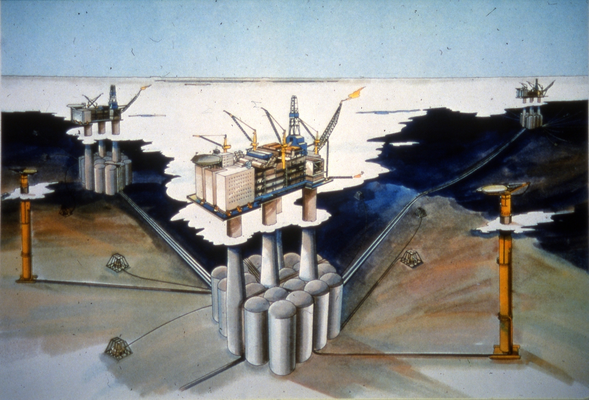 Gullfaks A med lastebøye i forgrunnen. Gullfaks B i bakgrunnen , og ...